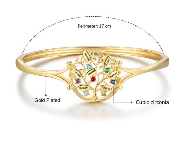 Personalised Family Tree Bangle With 7 Names Engraved and Birthstones ...